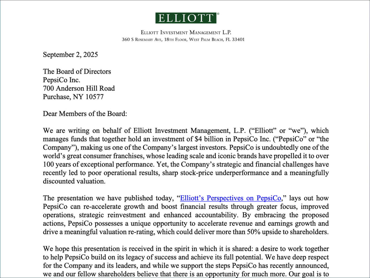 PepsiCo – Elliott Investment Management L.P. | Letters