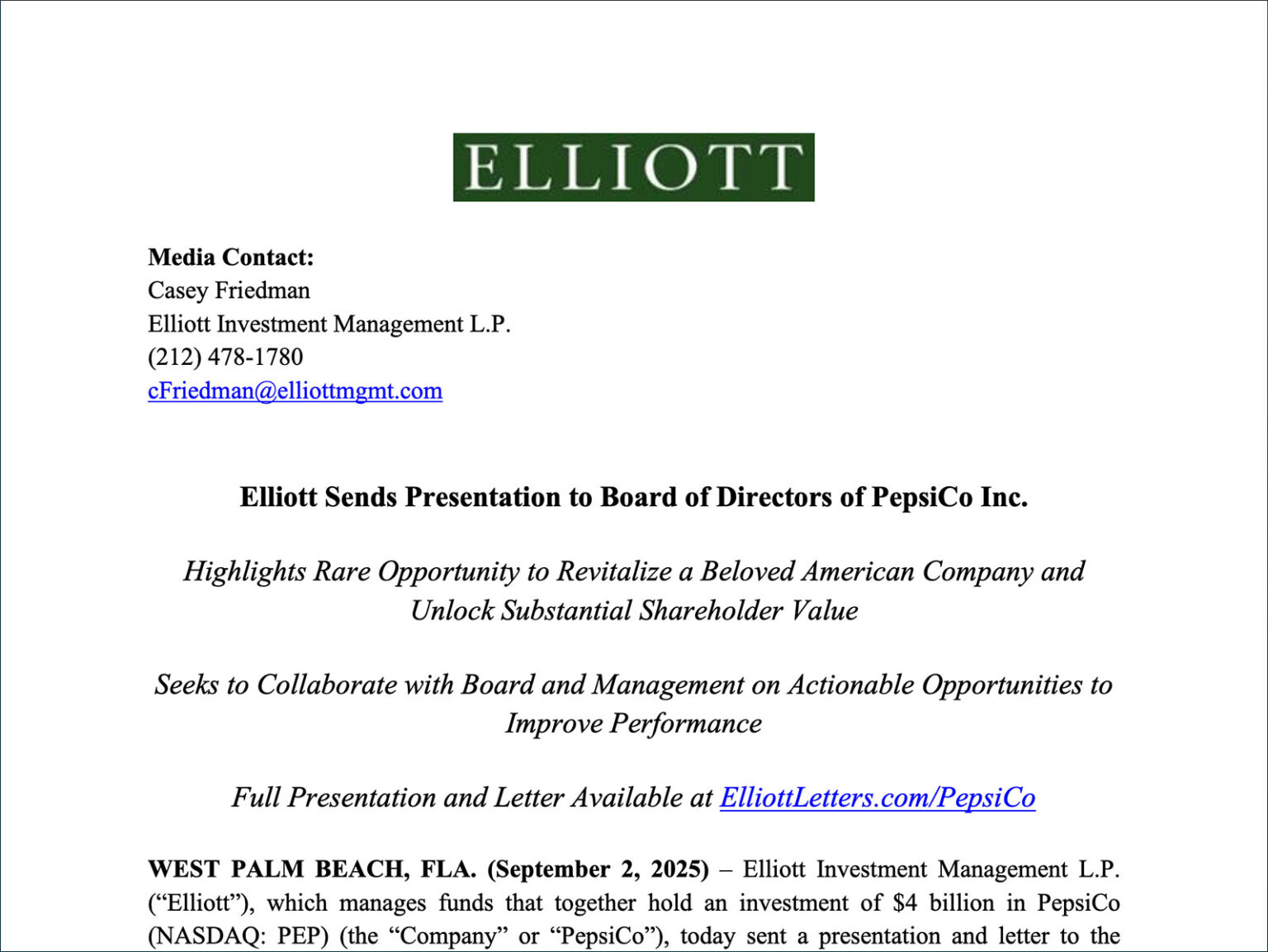 PepsiCo – Elliott Investment Management L.P. | Letters